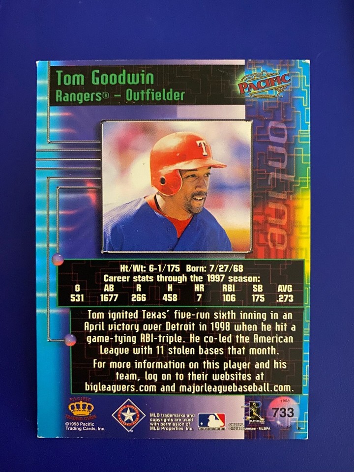 1998 PACIFIC ONLINE TOM GOODWIN TEXAS RANGERS SIGNED AUTOGRAPHED CARD ...