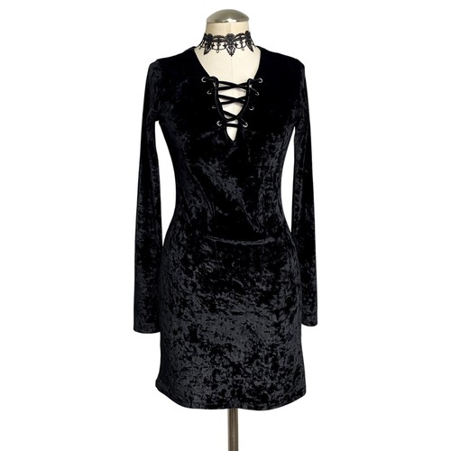 Gothic Vamp Lace Up Crushed Velvet Long Sleeve Dress | eBay
