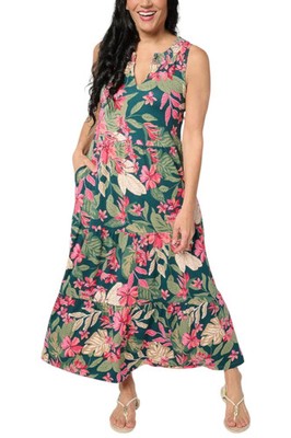 Cuddl Duds Women's Flexwear Tiered Maxi Dress Green Jungle Flrl | eBay