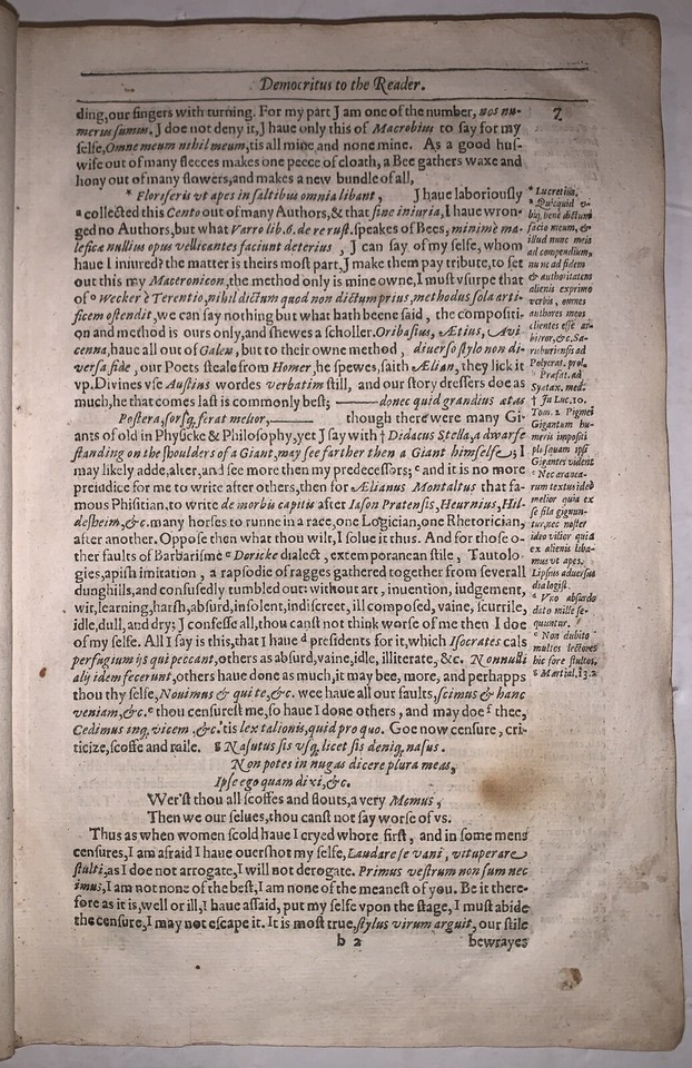 1624, ROBERT BURTON, THE ANATOMY OF MELANCHOLY, SECOND ED, FOLIO ...