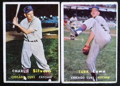 1957 Topps #255 Charlie Silvera, #247 Turk Lown, Chicago Cubs, low ...