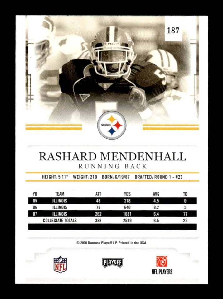 2008 Playoff Prestige Rashard Mendenhall #187 RC | eBay