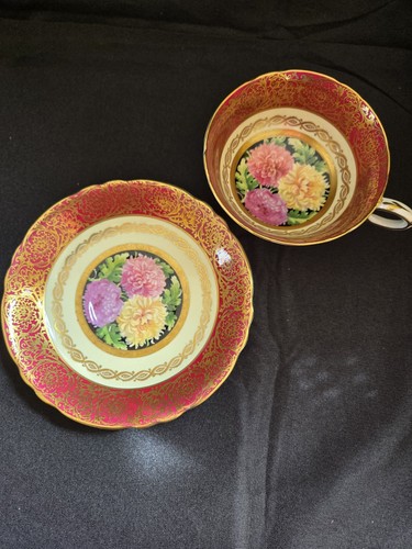 Vtg. Paragon Red & Gold Gilt Teacup & Saucer w/ Chrysanthemums Dbl ...