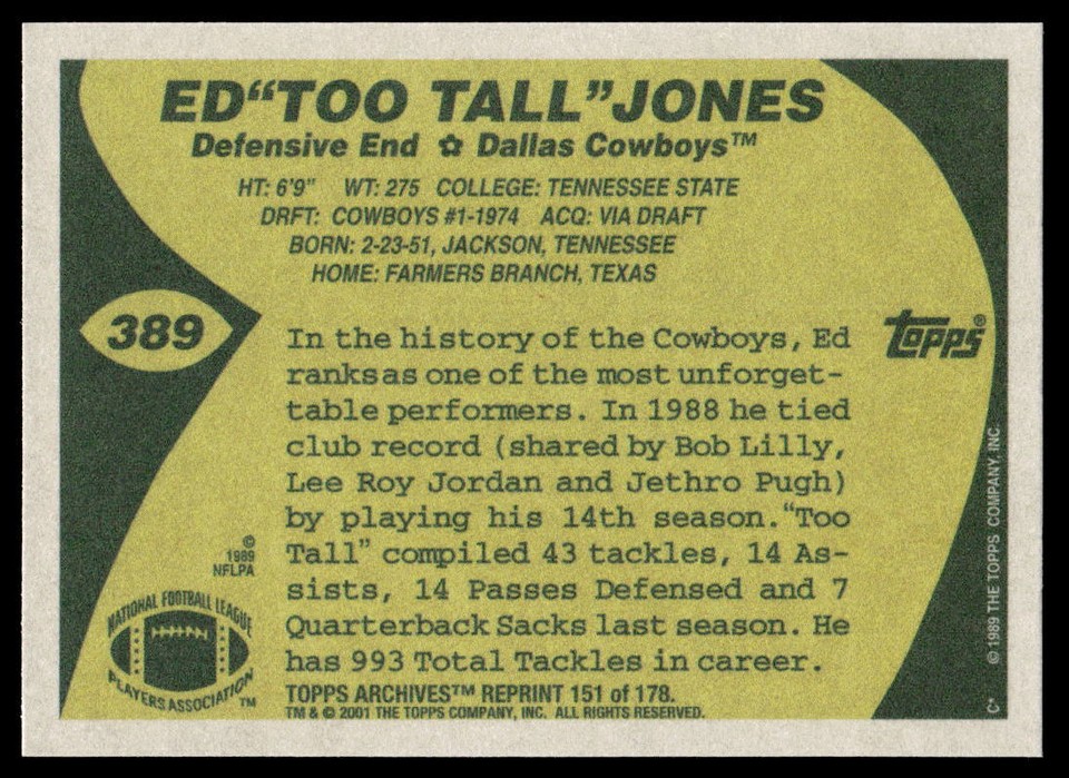 2001 Topps Archives 151 Ed Too Tall Jones Dallas Cowboys Football Card ...