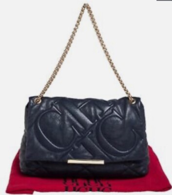 CH Carolina Herrera Black CH Embossed Leather Flap Silver Chain ...