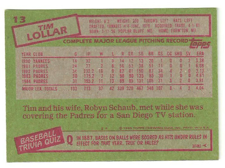 TIM LOLLAR SAN DIEGO PADRES #13 - TOPPS NM-MT 1985 | eBay