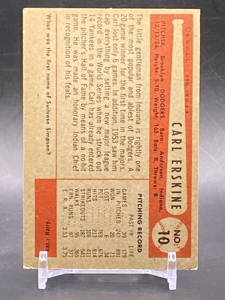 1954 Bowman #10 Carl Erskine Brooklyn Dodgers Vintage Baseball Trading ...