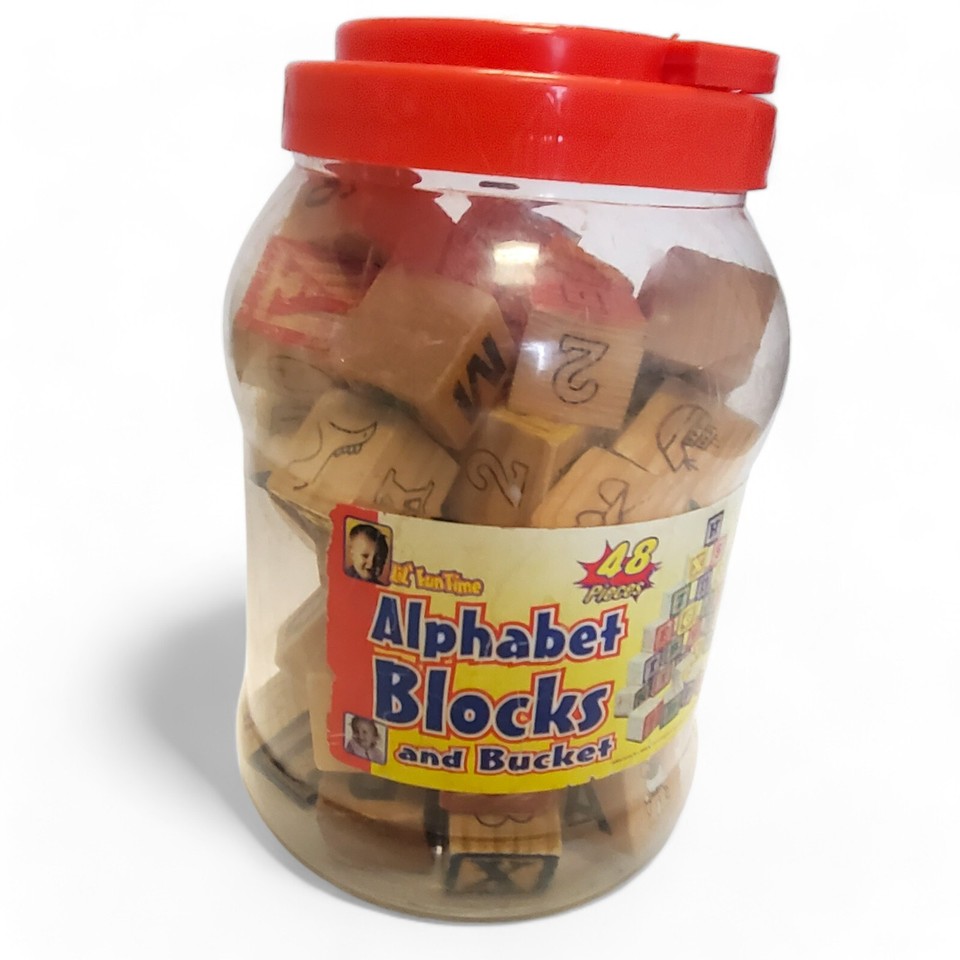 Alphabet Blocks Wood Wooden Building Block With Bucket Lid Handle VTG ...