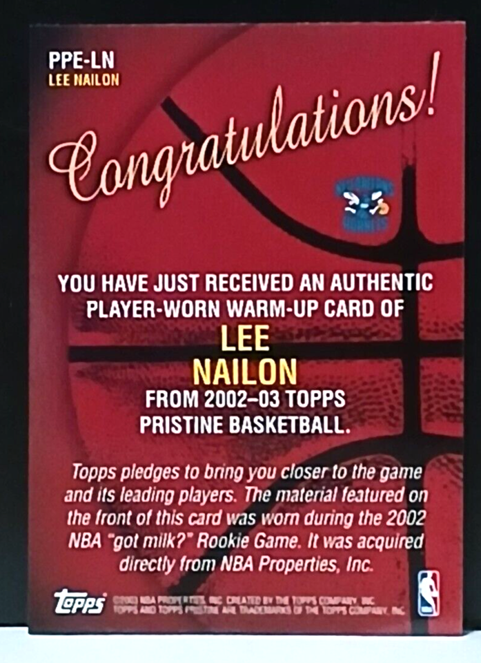 Lee Nailon 2002-03 Topps Pristine Performance #PPE-LN (Player-Worn Warm-Up) | eBay