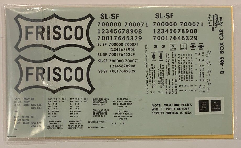 HERALD KING HO DECAL-FRISCO/SLSF 50’ BOX CAR-BEIGE w/BLACK & WHITE LETT ...