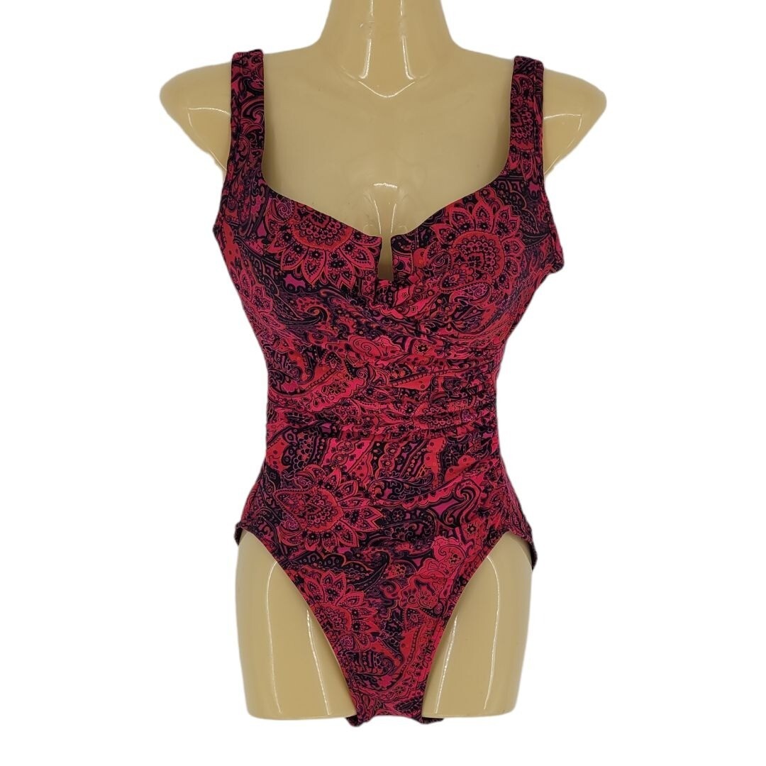 Miraclesuit US 8 paisley park red escape side shirring 1 piece swimsuit ...