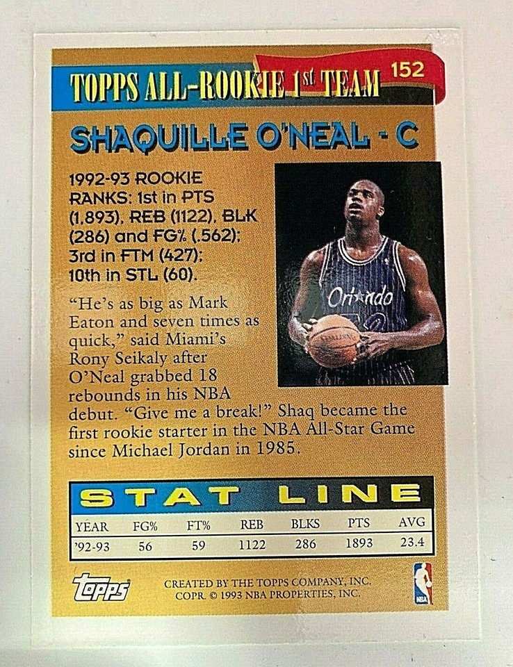 SHAQUILLE O'NEAL Topps ALL-ROOKIE TEAM 1992-93 1ST TEAM | eBay