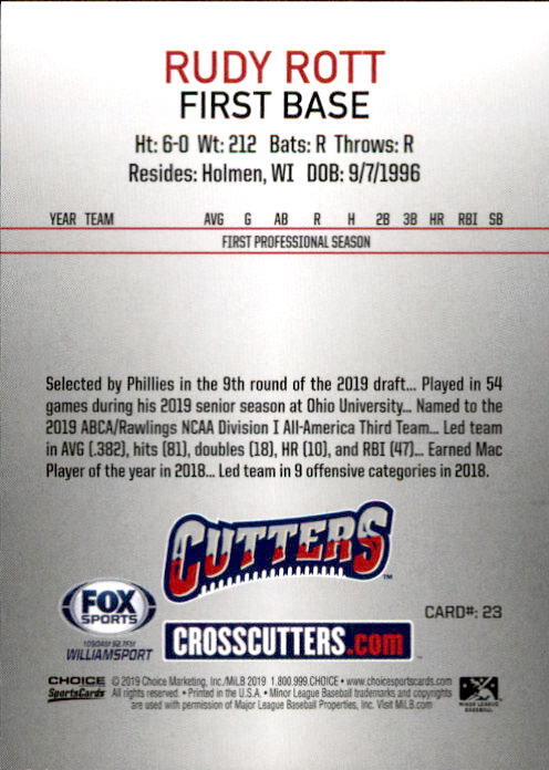 2019 Williamsport Crosscutters Choice #23 Rudy Rott Holmen Wisconsin WI ...
