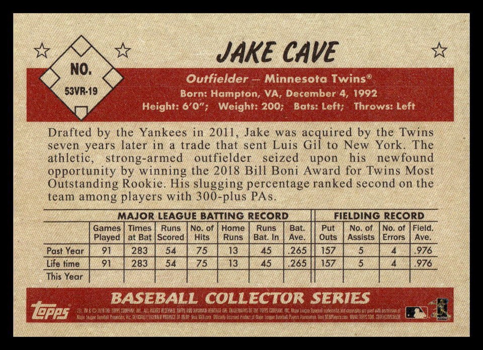 2019 Bowman Heritage Jake Cave Rookie 53VR-19 Minnesota Twins | eBay