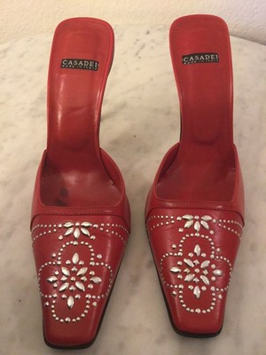 CASADEI Red Leather Mules Heels. Silver Tone Studs At Vamp. US Wm Sz 5 ...