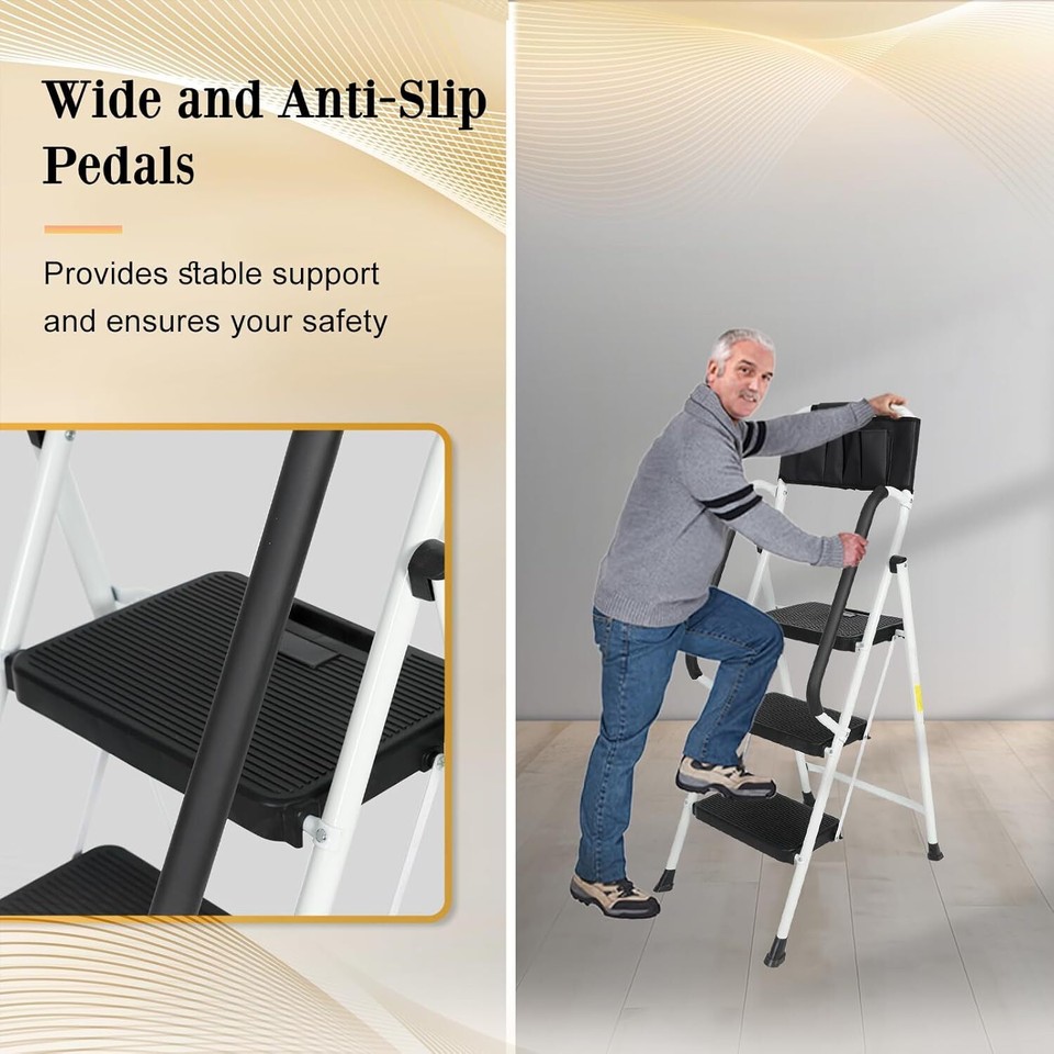 3 Step Ladder Handrails 500 lbs Folding Step Stool Ladder, Wide Non ...