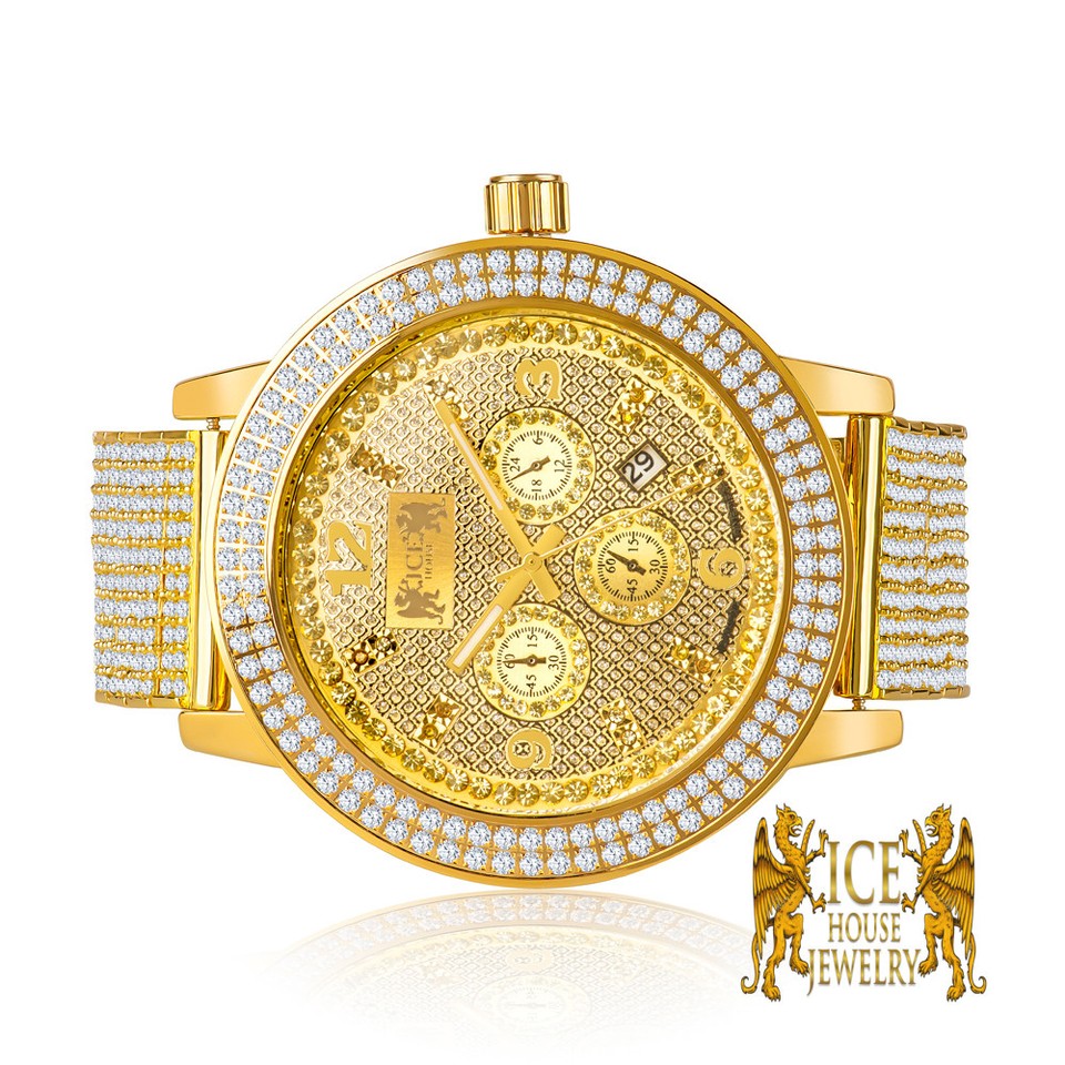 Real Diamond Khronos Joe Rodeo Yellow Gold Tone Steel 2 Row Bezel ...