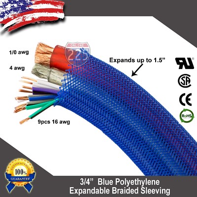 20 FT 3/4" Blue Expandable Wire Cable Sleeving Sheathing Braided Loom ...