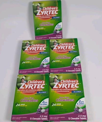 Zyrtec 5 Packs Children's 24 Hr Allergy Relief Grape 12 Tabs Ea Box Exp ...