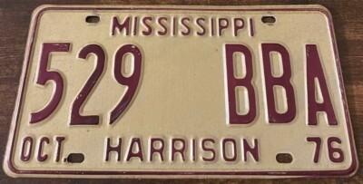 1976 Mississippi Harrison County License Plate 529 BBA Gulfport Biloxi ...