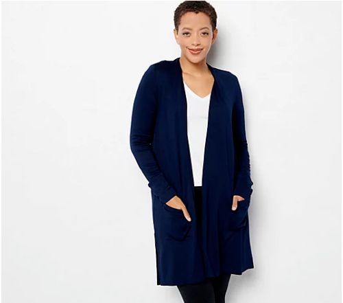 Susan Graver Jersey Knit Draped-Back Cardigan-Navy-Petite Small A470171 ...