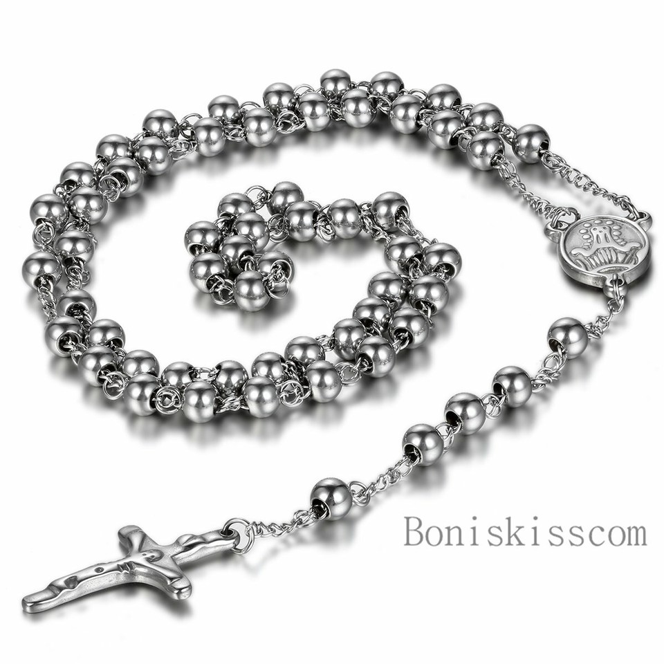 Men Women Stainless Steel 30 Inch Chain Rosary Necklace 6mm Beads w ...