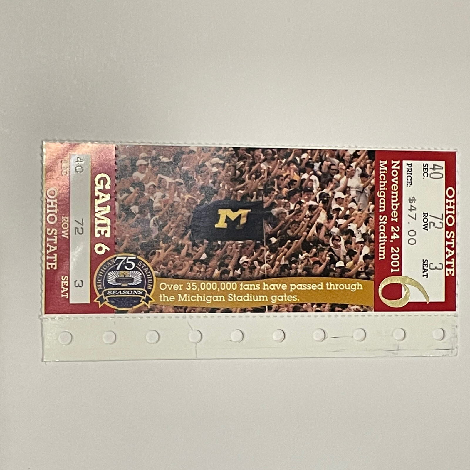 FULL 2001 Michigan v Ohio State THE GAME Original Football Ticket UofM ...