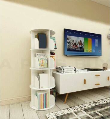 128cm Round Swivel Rotating Display Storage Bookshelf Bookcase White 4 ...