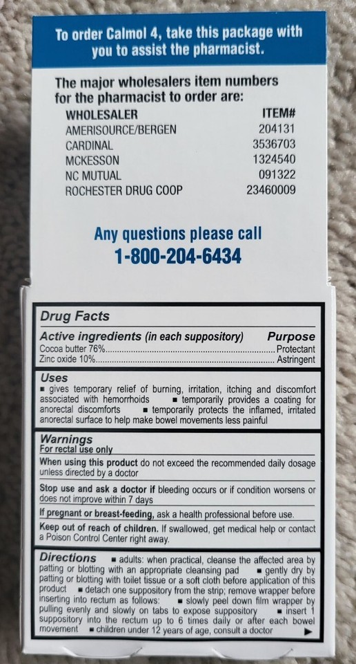 (6) Calmol 4 Hemorrhoidal Suppositories 2 Ct Each-total 12 Expire 2025 ...