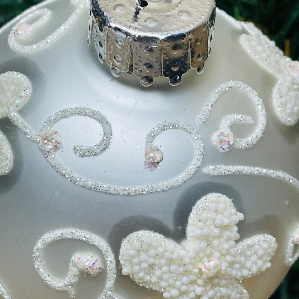 EUC S/4 Glass Ball Ornaments, Flower Design, White, White Glitter, 2 5/ ...