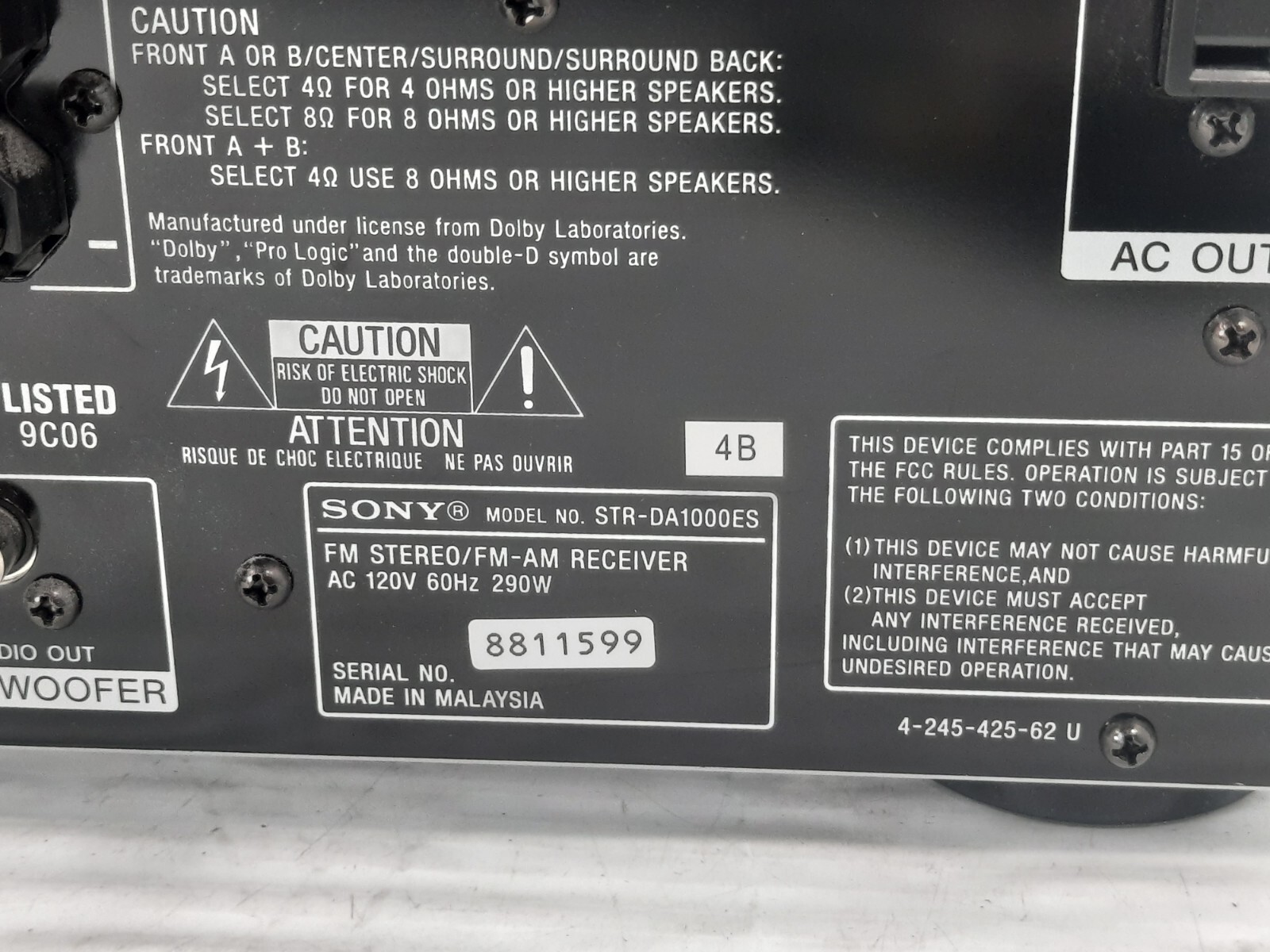 Sony STR-DA1000ES Discrete 7CH FM AM Stereo Amplifier Receiver S TESTED ...