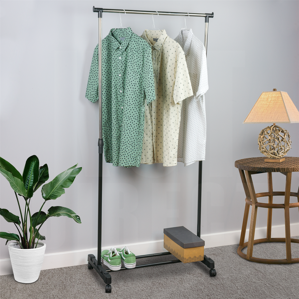 ADJUSTABLE CLOTHES RAIL PORTABLE GARMENT RACK HANGING DISPLAY STAND ON ...