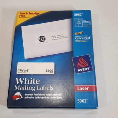 Avery #5962 White Mailing Labels 1 1/3"x4" 1750/3500 Labels left, Laser ...