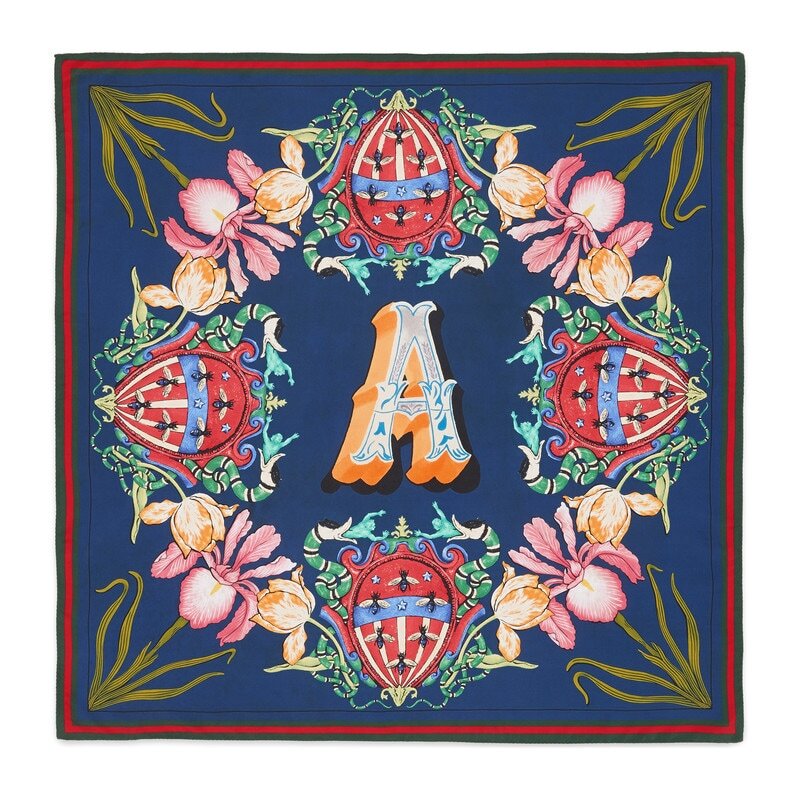 NEW Gucci women's Blue Letter Floral print multi silk square scarf ...