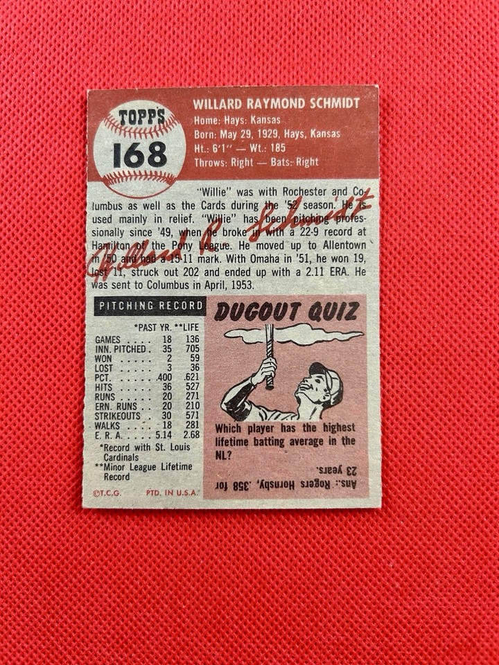 1953 Topps #168 Willard Schmidt St. Louis Cardinals mid-level EX-MT B53 ...