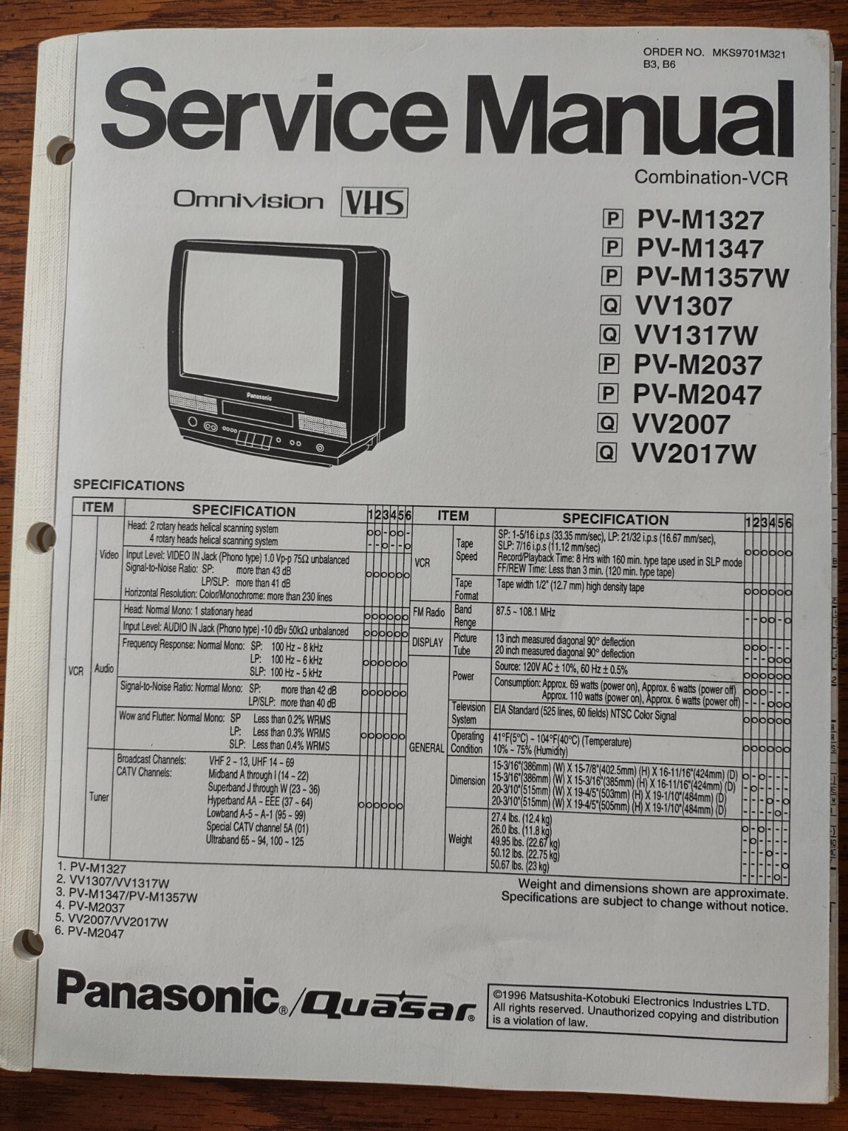 Complete Service Manual Panasonic/Quasar TV/VCR VHS Combo with ...