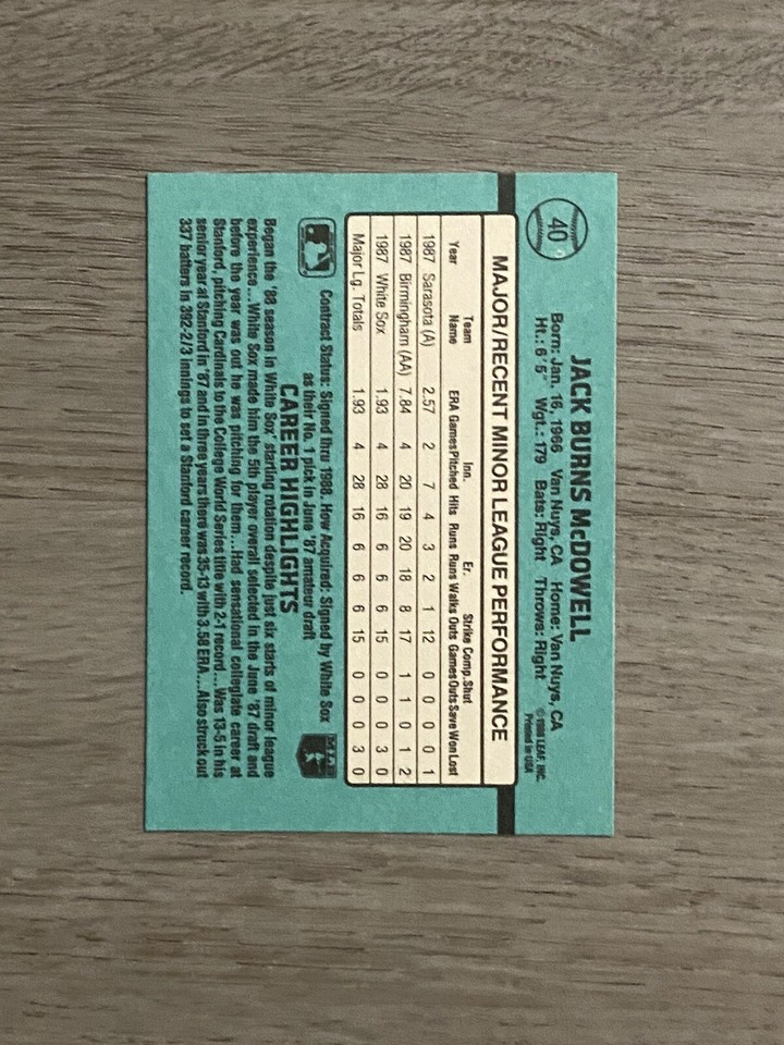 1988 MLB Donruss 'The Rookies' | Jack McDowell RC | #40 | Chicago White ...