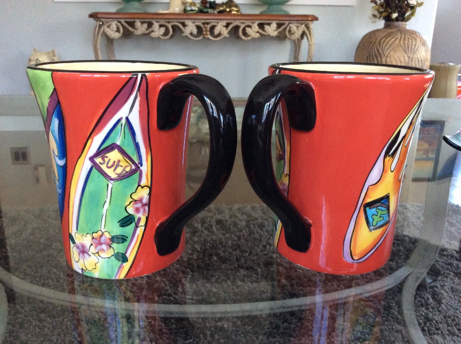 Set 4 Clay Art Surf’s Up Surfboard Design Ceramic Latte Mugs Beach Surf ...