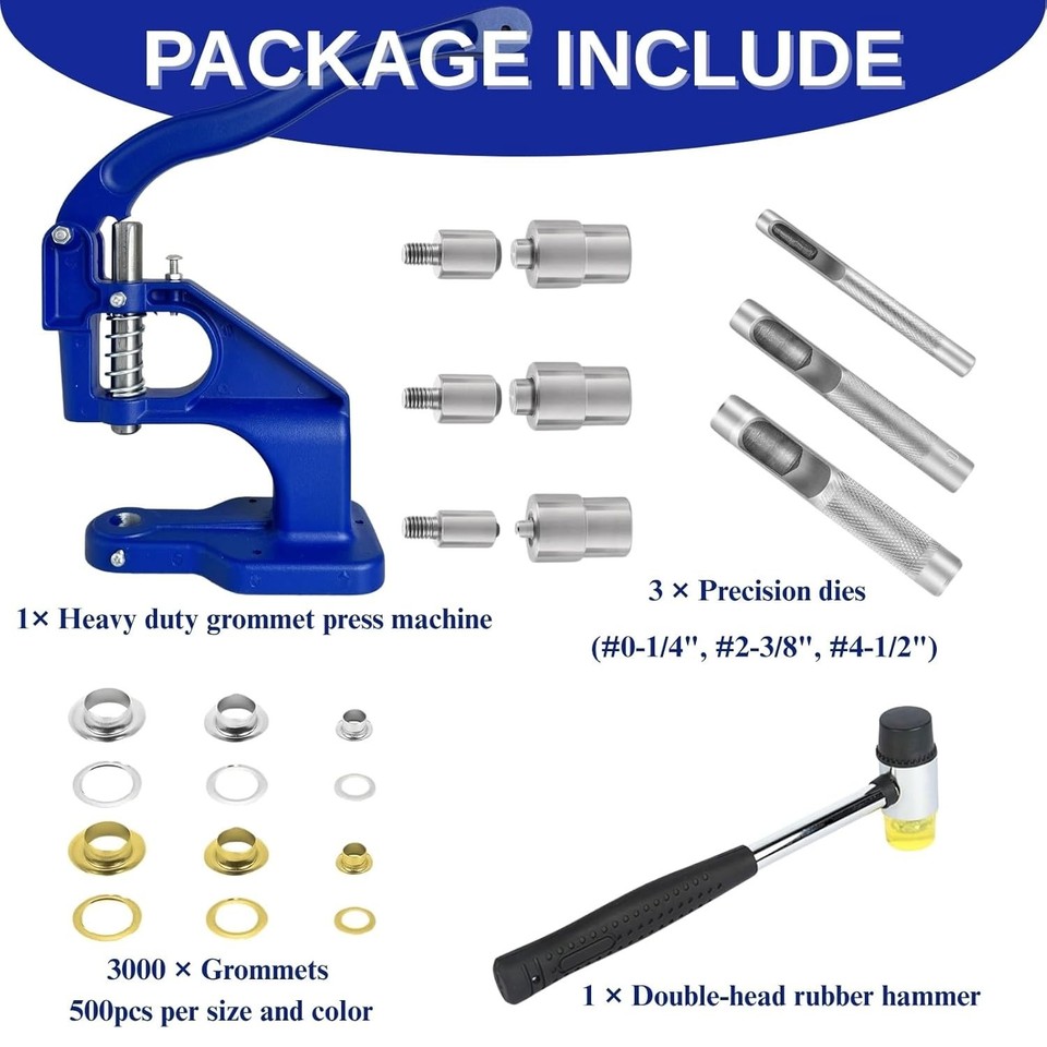 Heavy Duty Hand Press Grommet Tool Kit with 3 Dies & Multi-Size ...