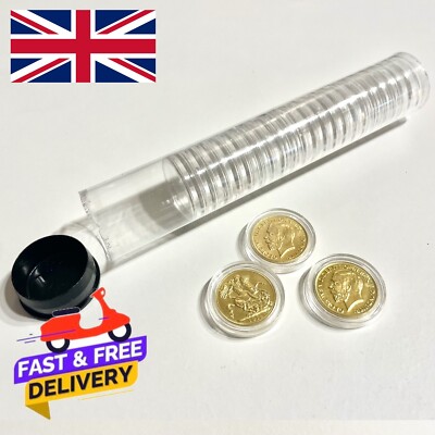 Coin Capsule Tube Holder Storage & 25 x 23mm Capsules For Sovereign & 1 ...