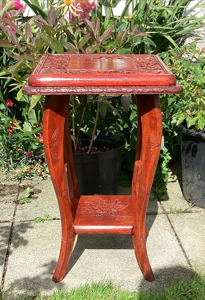 Antique Chinese 2 Tier Table / Stand. Red Lacquer. Carved Peony Borders ...