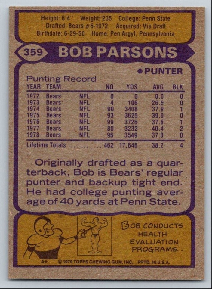 1979 Topps #359 Bob Parsons Chicago Bears Football Card | eBay