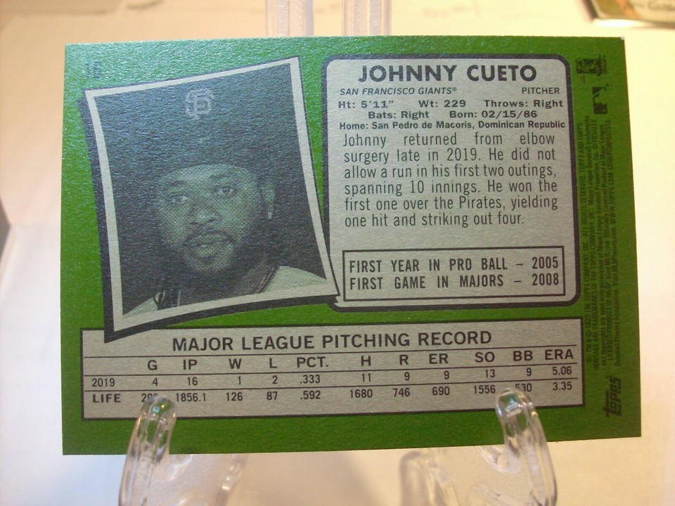 2020 Topps Heritage Baseball Card #16 Johnny Cueto (53370) | eBay