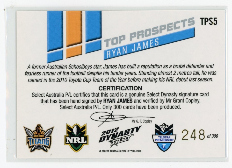 2012 Select Dynasty Ryan James Top Prospects Signature NRL Card TPS5 ...