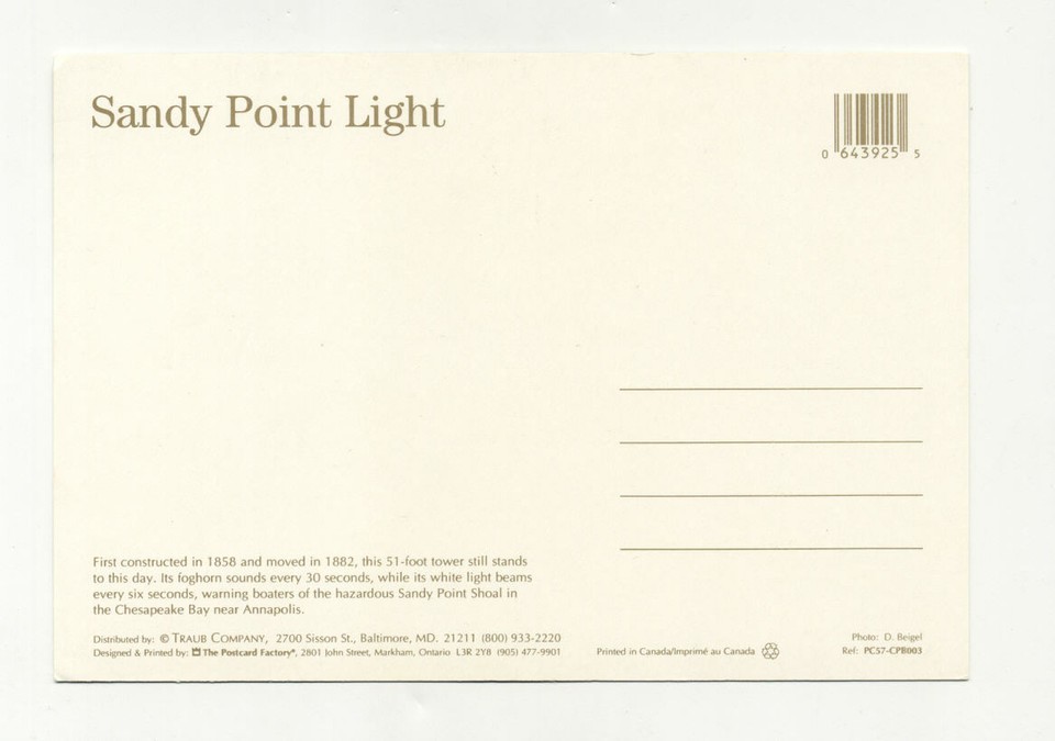 Sandy Point Light Maryland Unused Postcard | eBay