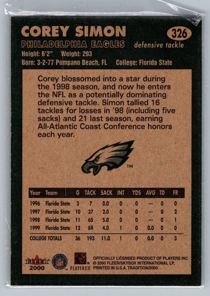 2000 FLEER TRADITION ROOKIE CARD # 326 Corey Simon - Philadelphia ...