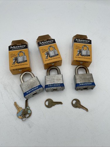 3 VINTAGE MASTER LOCK NO. 1 PADLOCKS WITH 4 KEYS In Original Boxes ...