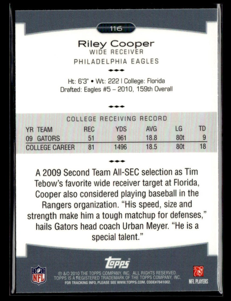 2010 Topps Platinum #116 Riley Cooper Rookie Card Philadelphia Eagles ...