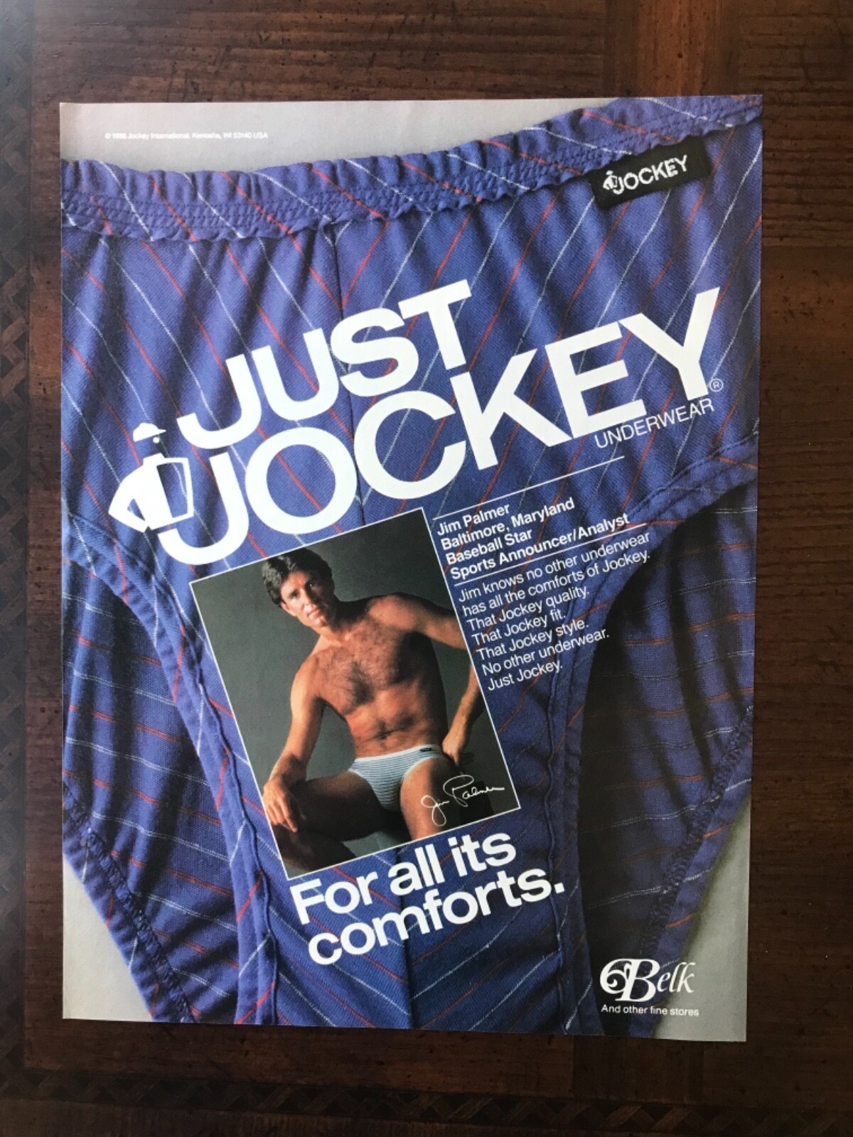 1987 vintage original print ad Jockey Brand Underwear With Jim Palmer ...