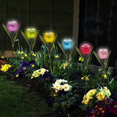 6 Garden Tulip Flower Shape LED Solar Powered Lights Outdoor Yard ...
